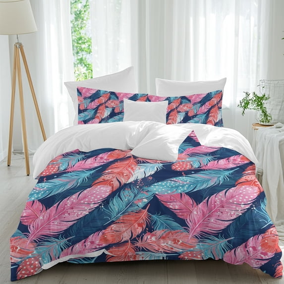 4 Piece Duvet Cover Set Full, Tropical Pink Blue Bird Feathers Soft ...