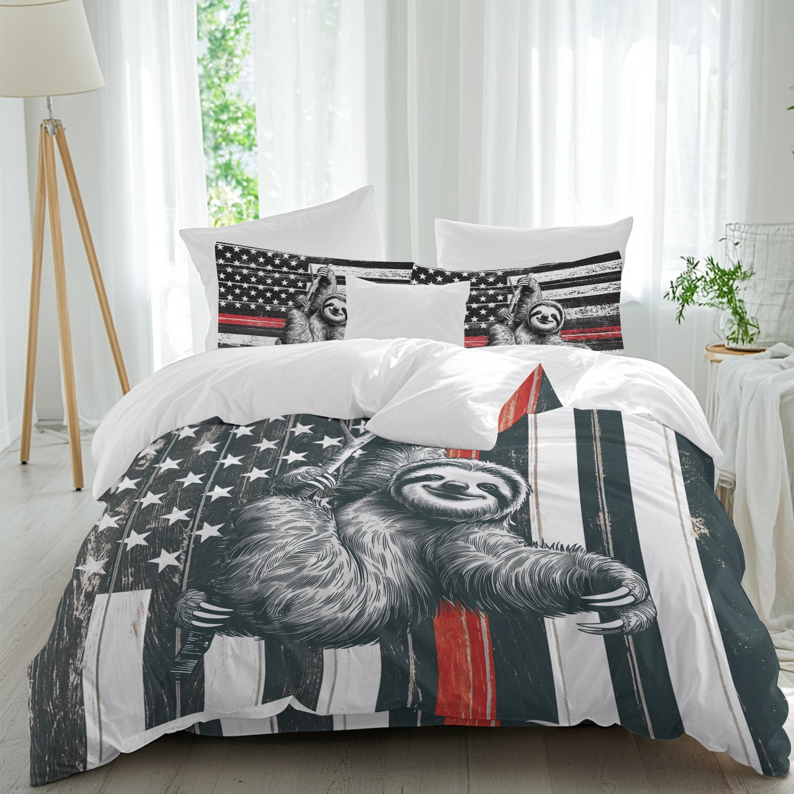 4 Piece Duvet Cover Set Full, USA Flag Red Line Firefighter with Sloth ...