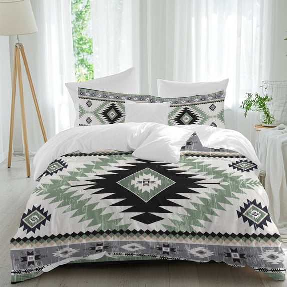 4 Piece Duvet Cover Set Full, Vintage Aztec Sage Green Geometric Soft ...