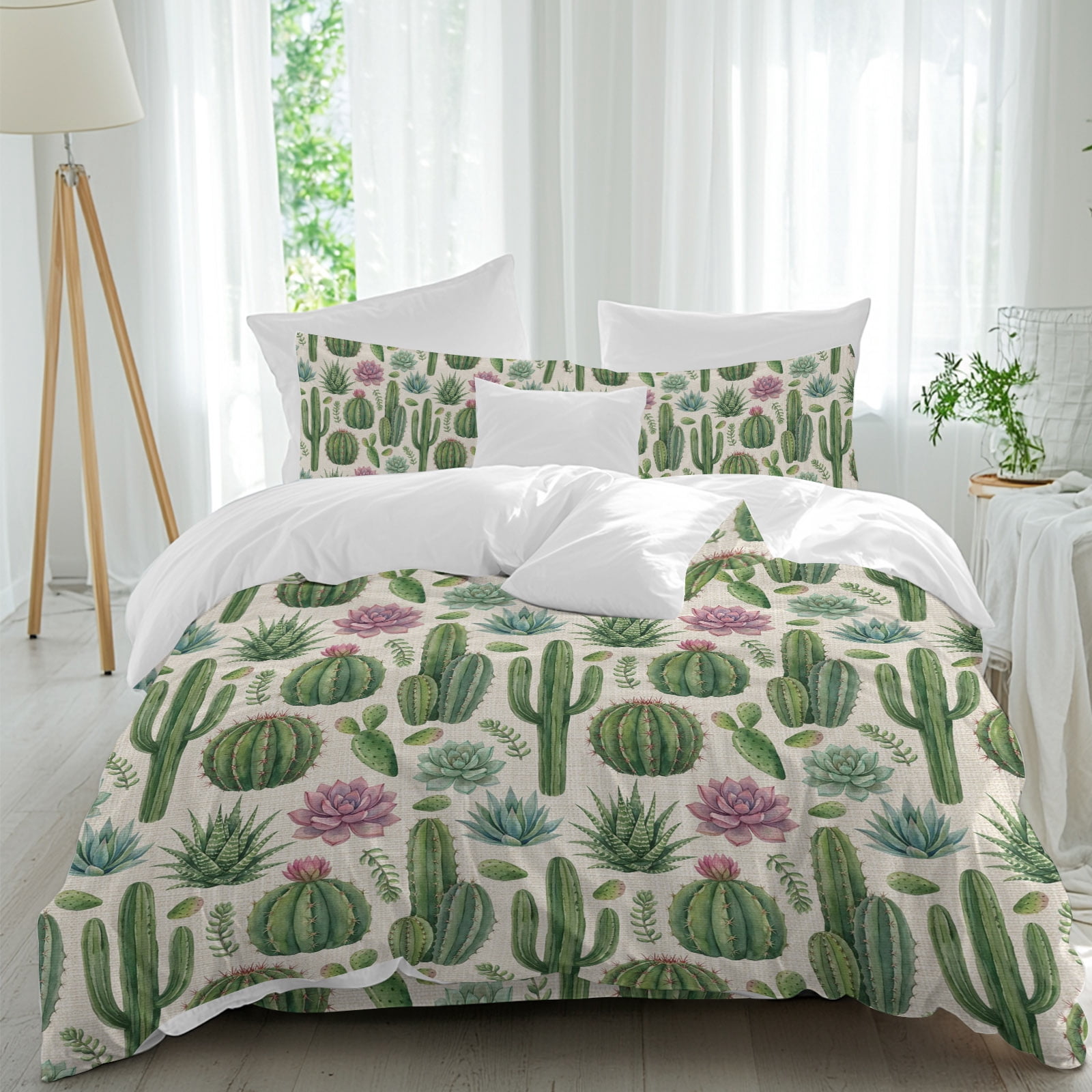 4 Piece Duvet Cover Set Full, Vintage Cactus Pink Flower Leaves Soft ...