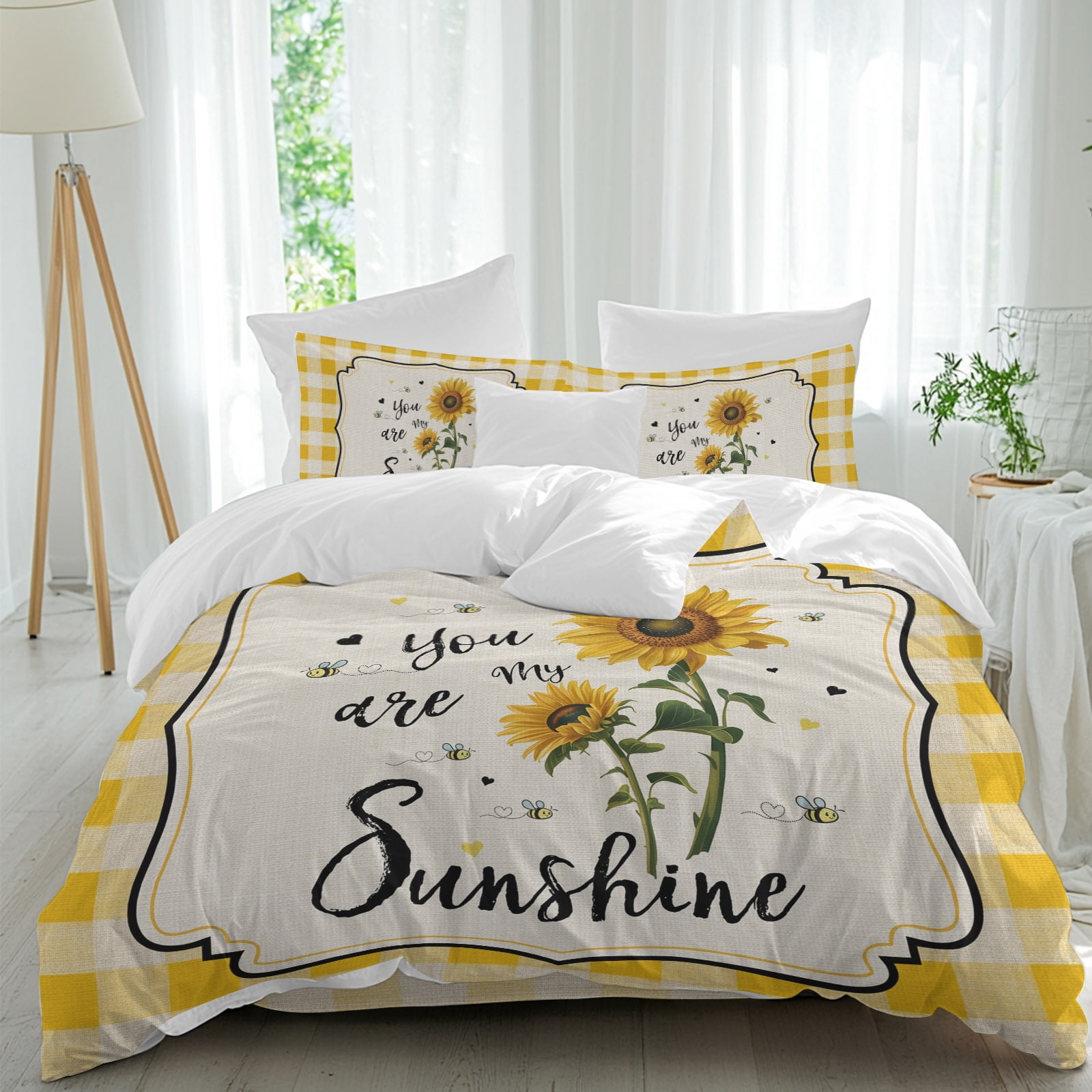 4 Piece Duvet Cover Set Full, Vintage Linen Farm Sunflower Bee Soft ...