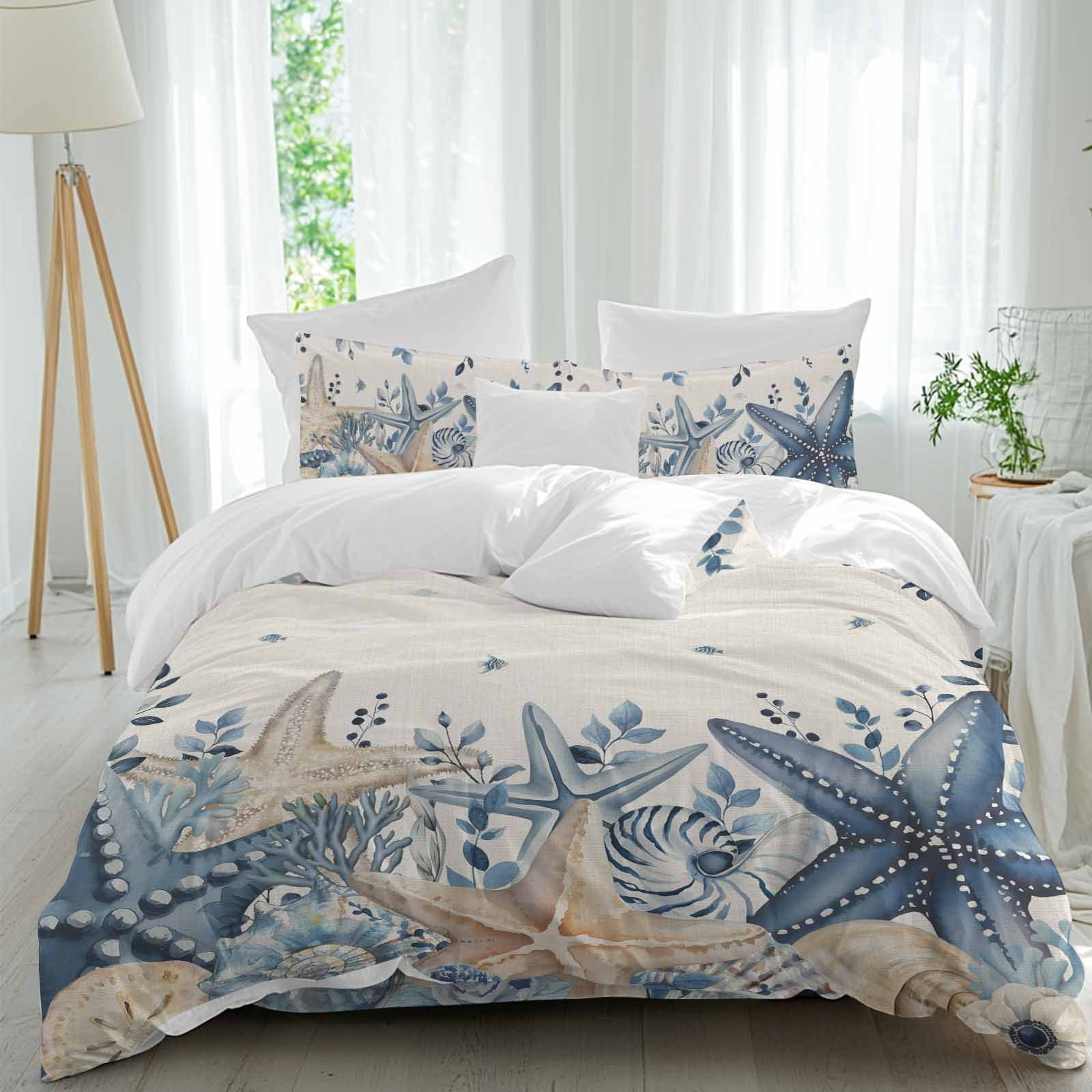 4 Piece Duvet Cover Set Full, Vintage Sea Stars Shells Soft Breathable ...