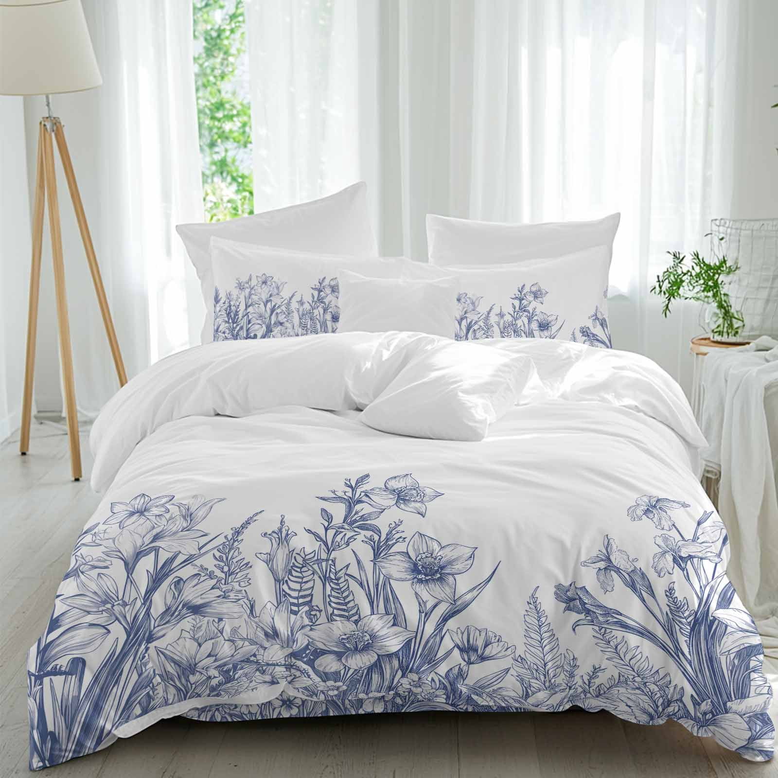 4 Piece Duvet Cover Set Full, Watercolor Blue Flowers Iris Lavender ...