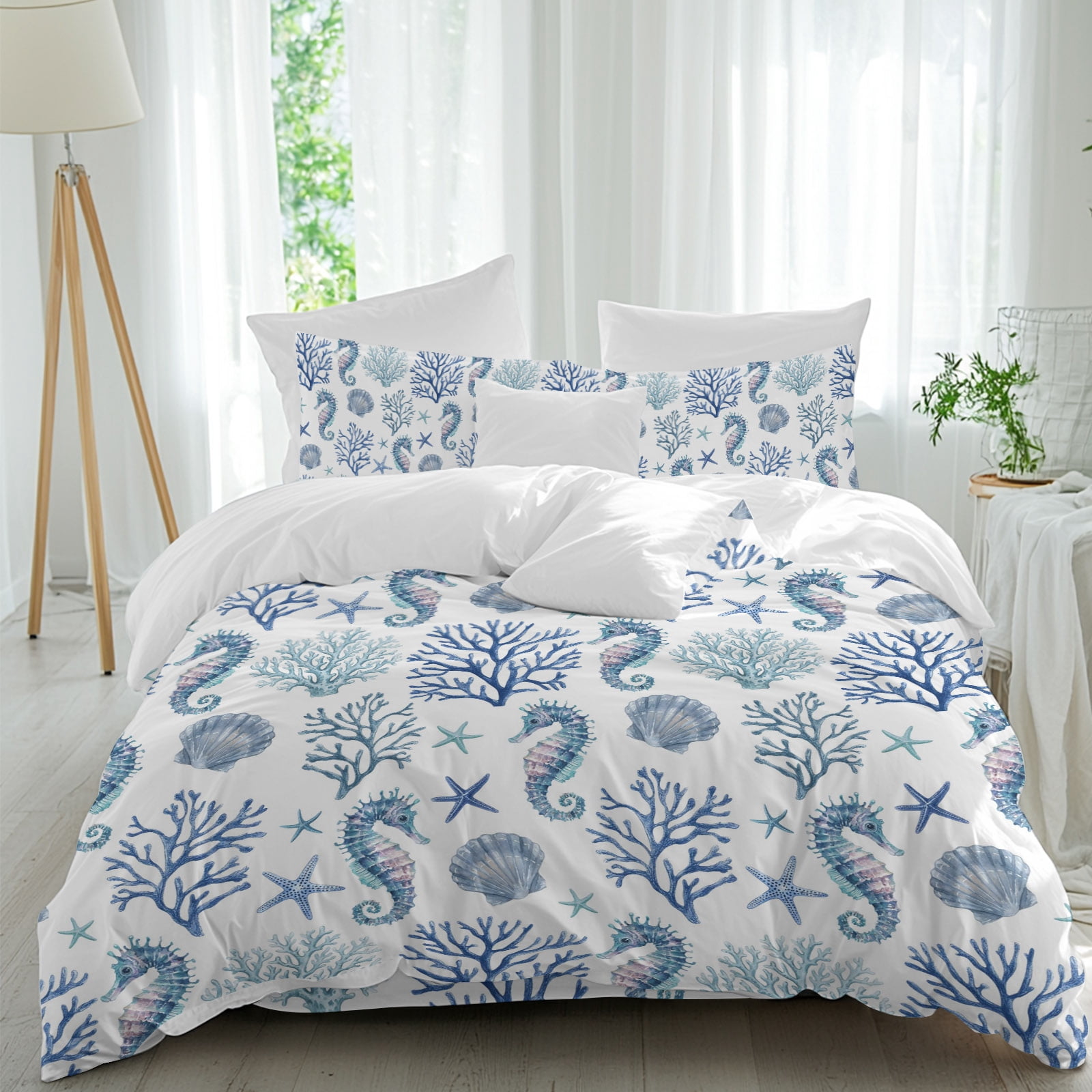4 Piece Duvet Cover Set Full, Watercolor Blue Ocean Life Coral Soft ...