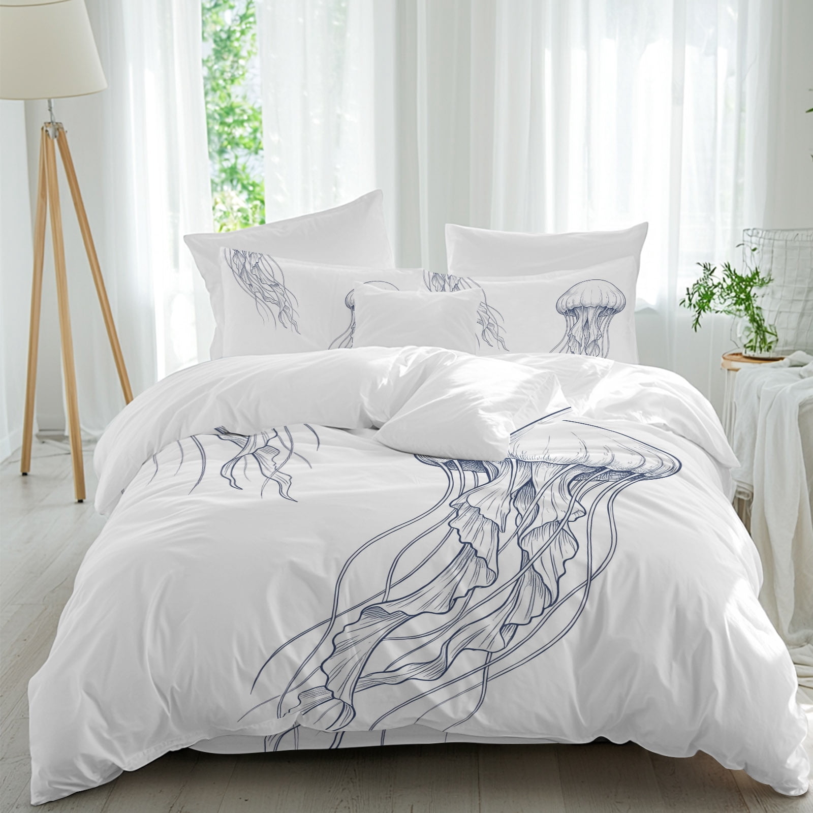 4 Piece Duvet Cover Set Full, Watercolor Coastal Ocean Jellyfish Soft ...