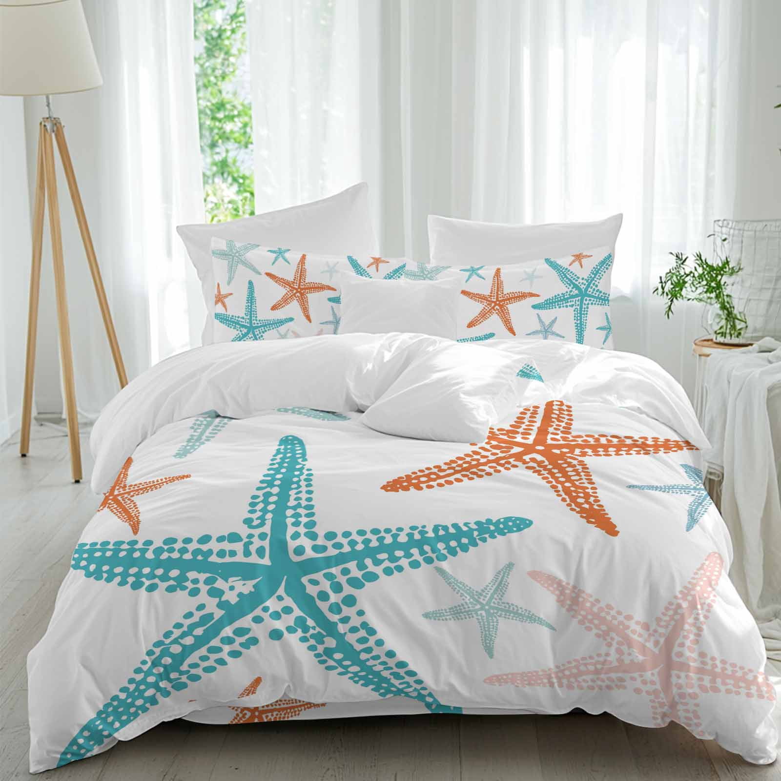 4 Piece Duvet Cover Set Full, Watercolor Coastal Ocean Starfish Soft ...