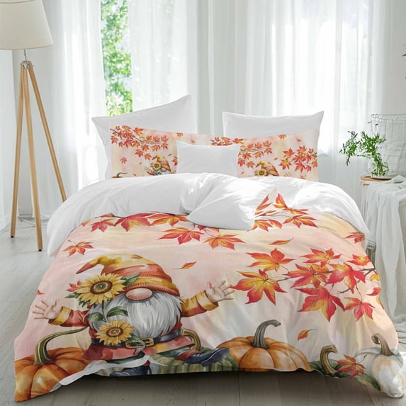 4 Piece Duvet Cover Set Full, Watercolor Fall Harvest Gnome Pumpkin ...
