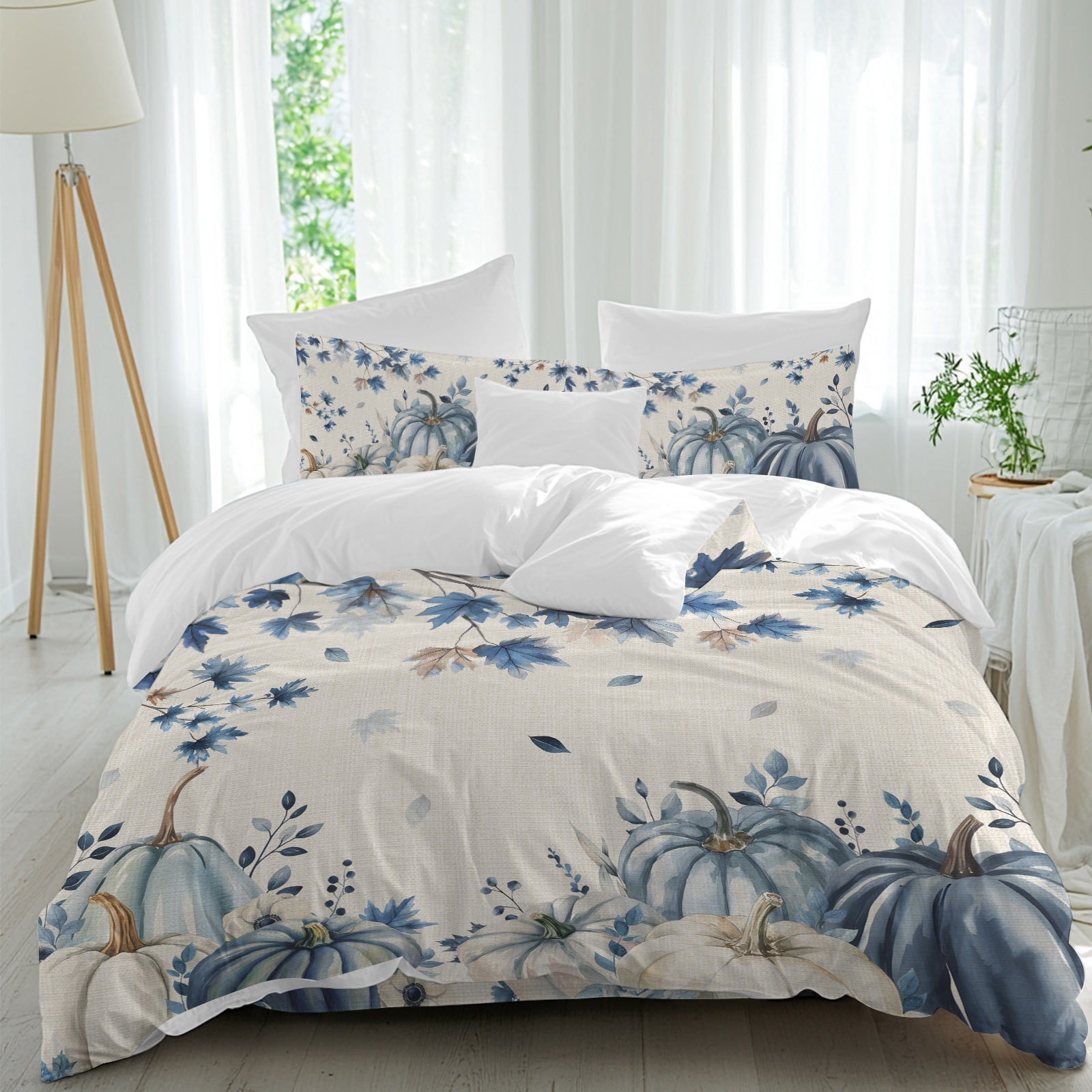 4 Piece Duvet Cover Set Full, Watercolor Fall Pumpkin Maple Leaves Soft ...