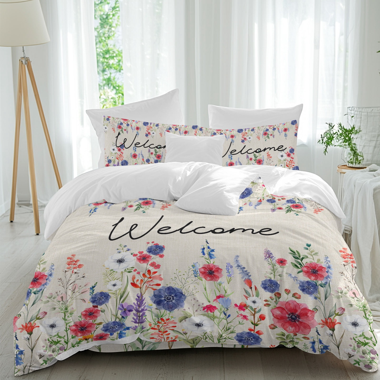 4 Piece Duvet Cover Set Full, Watercolor Garden Poppy Floral Soft ...
