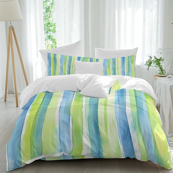4 Piece Duvet Cover Set Full, Watercolor Green Blue Stripe Soft ...