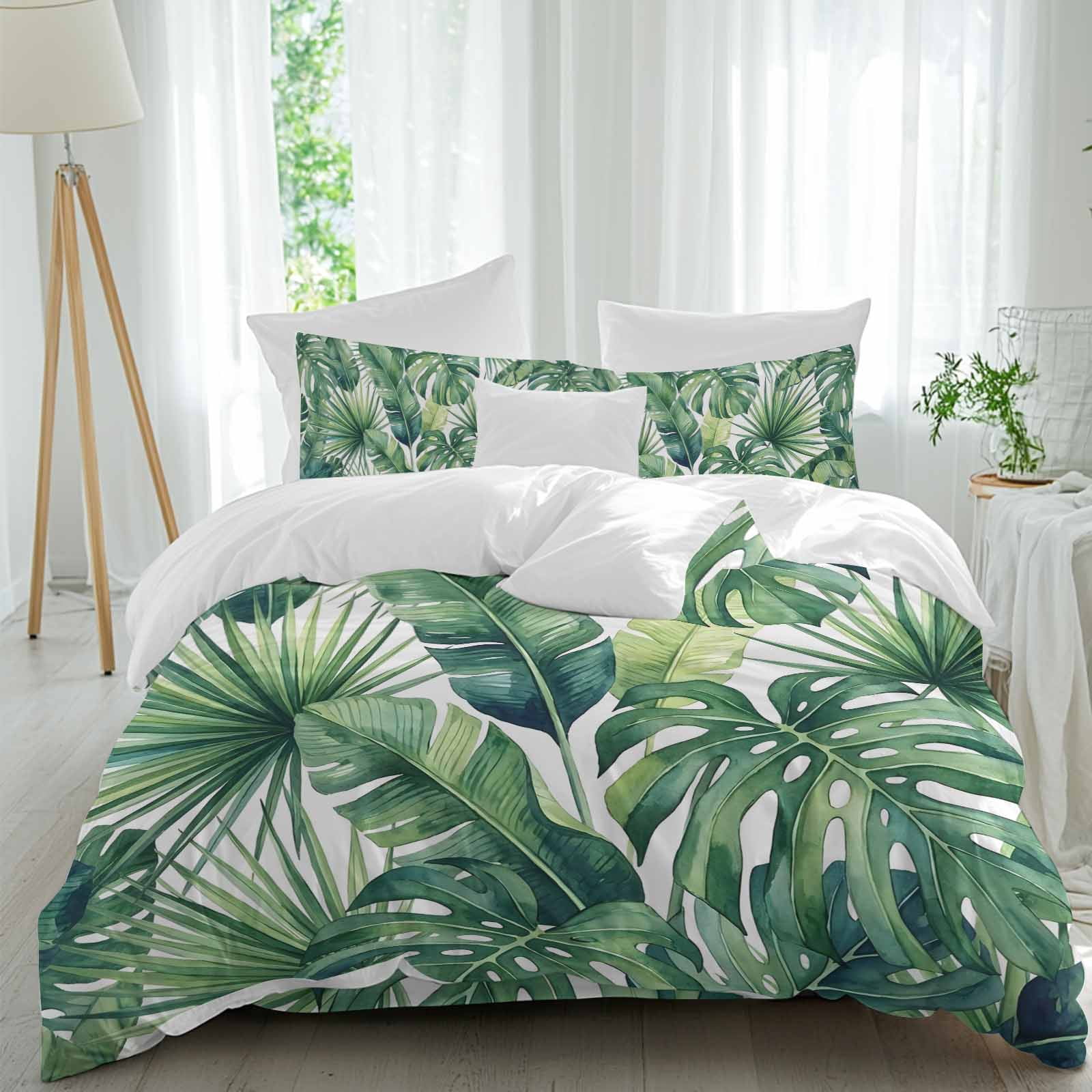 4 Piece Duvet Cover Set Full, Watercolor Green Monstera Leaves Soft ...