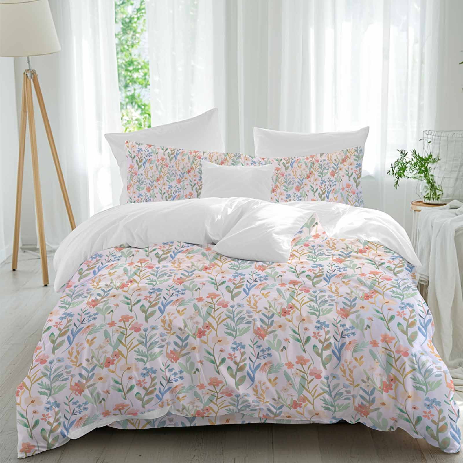 4 Piece Duvet Cover Set Full, Watercolor Orange Blue Gradual Wildflower ...