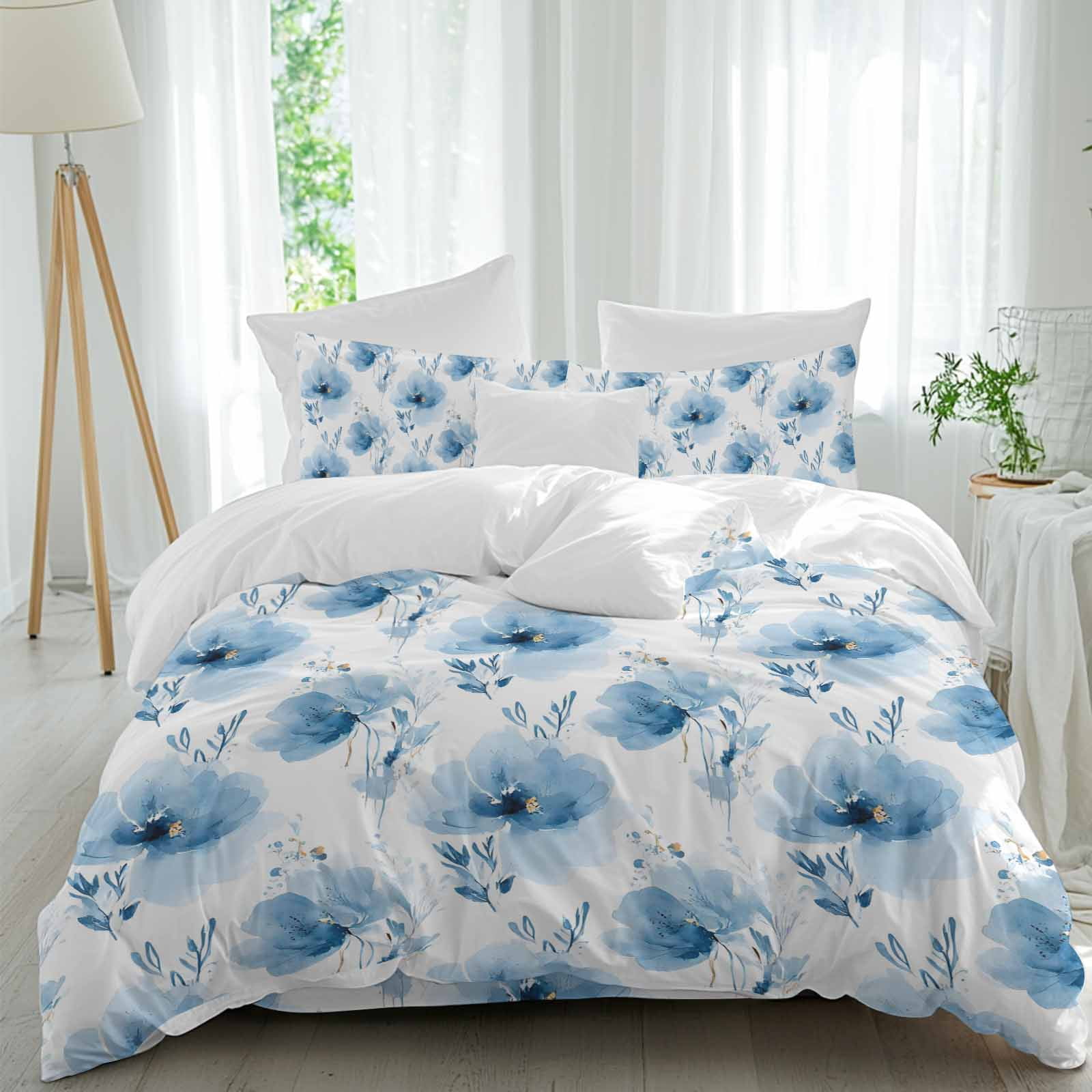 4 Piece Duvet Cover Set Full, Watercolor Pastoral Blue Flowers Soft ...