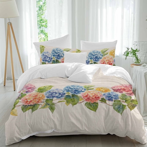 4 Piece Duvet Cover Set Full, Watercolor Pastoral Flower on Beige Linen ...