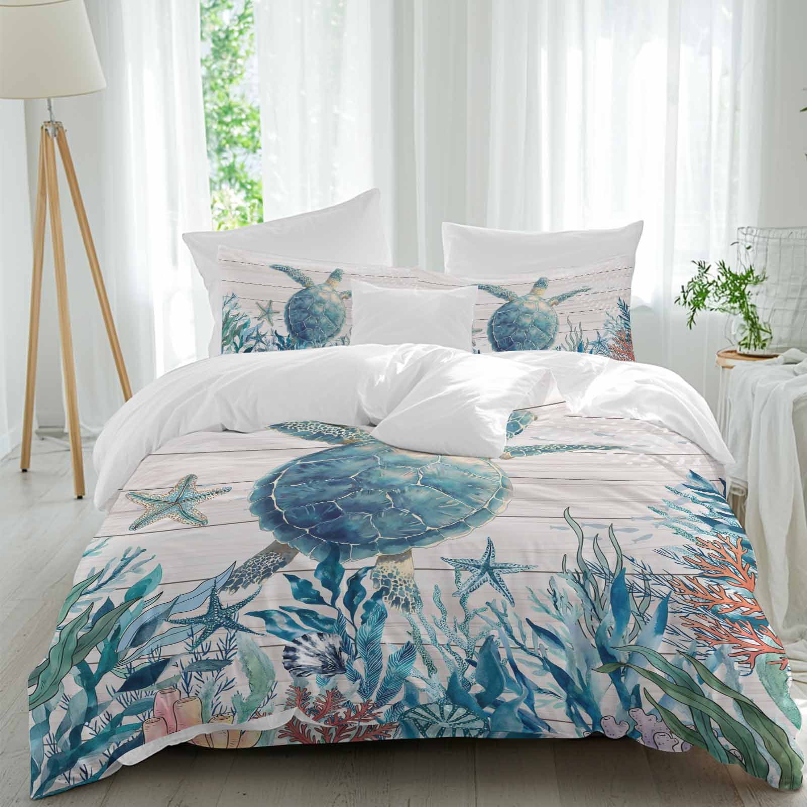 4 Piece Duvet Cover Set Full, Watercolor Sea Turtle on Farm Wood Soft ...