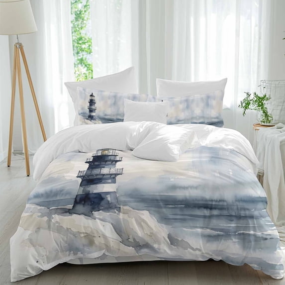 4 Piece Duvet Cover Set Full, Watercolor Seaside Lighthouse Soft ...