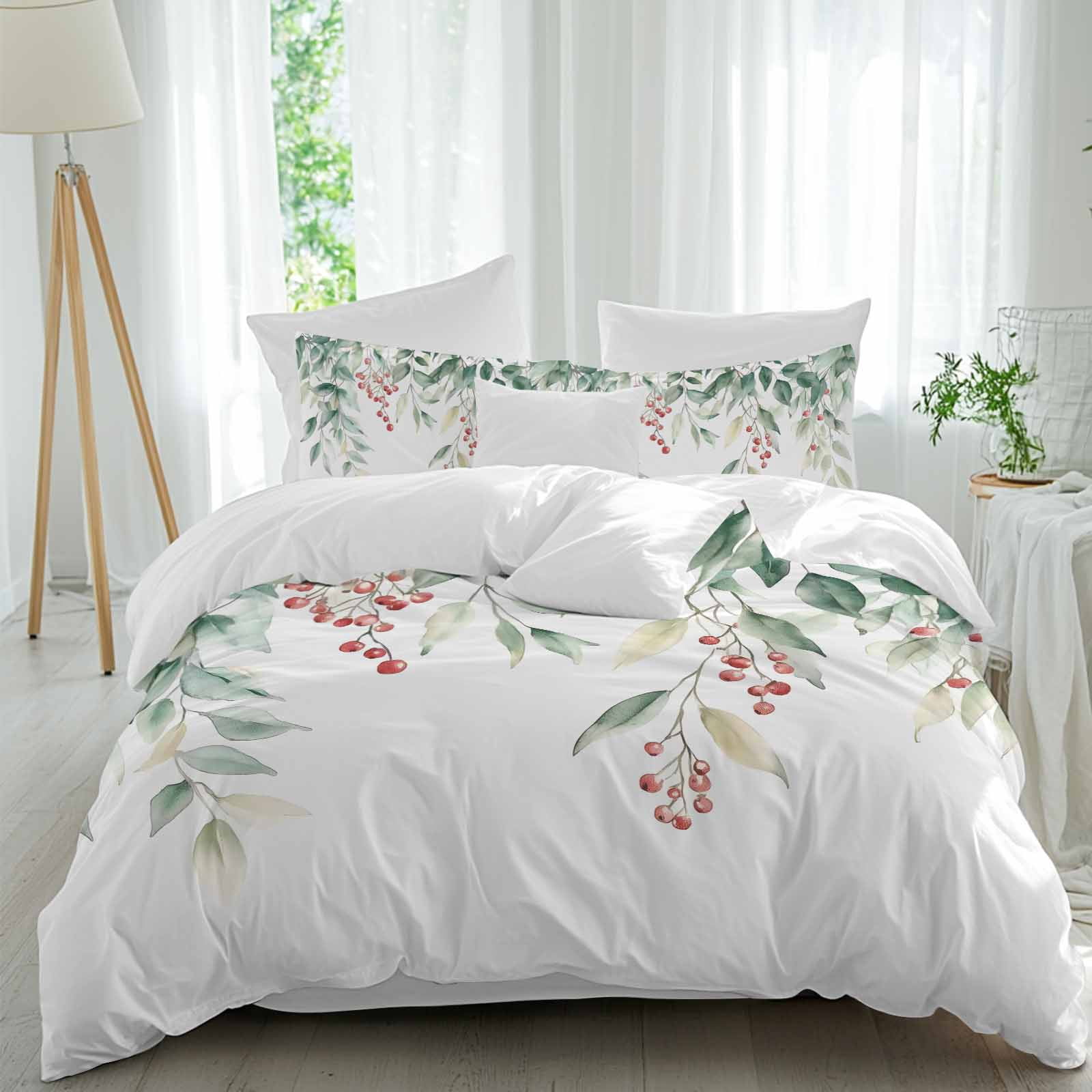 4 Piece Duvet Cover Set Full, Watercolor Spring Berry Leaves Soft ...