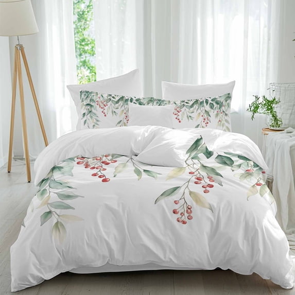 4 Piece Duvet Cover Set Full, Watercolor Spring Berry Leaves Soft ...