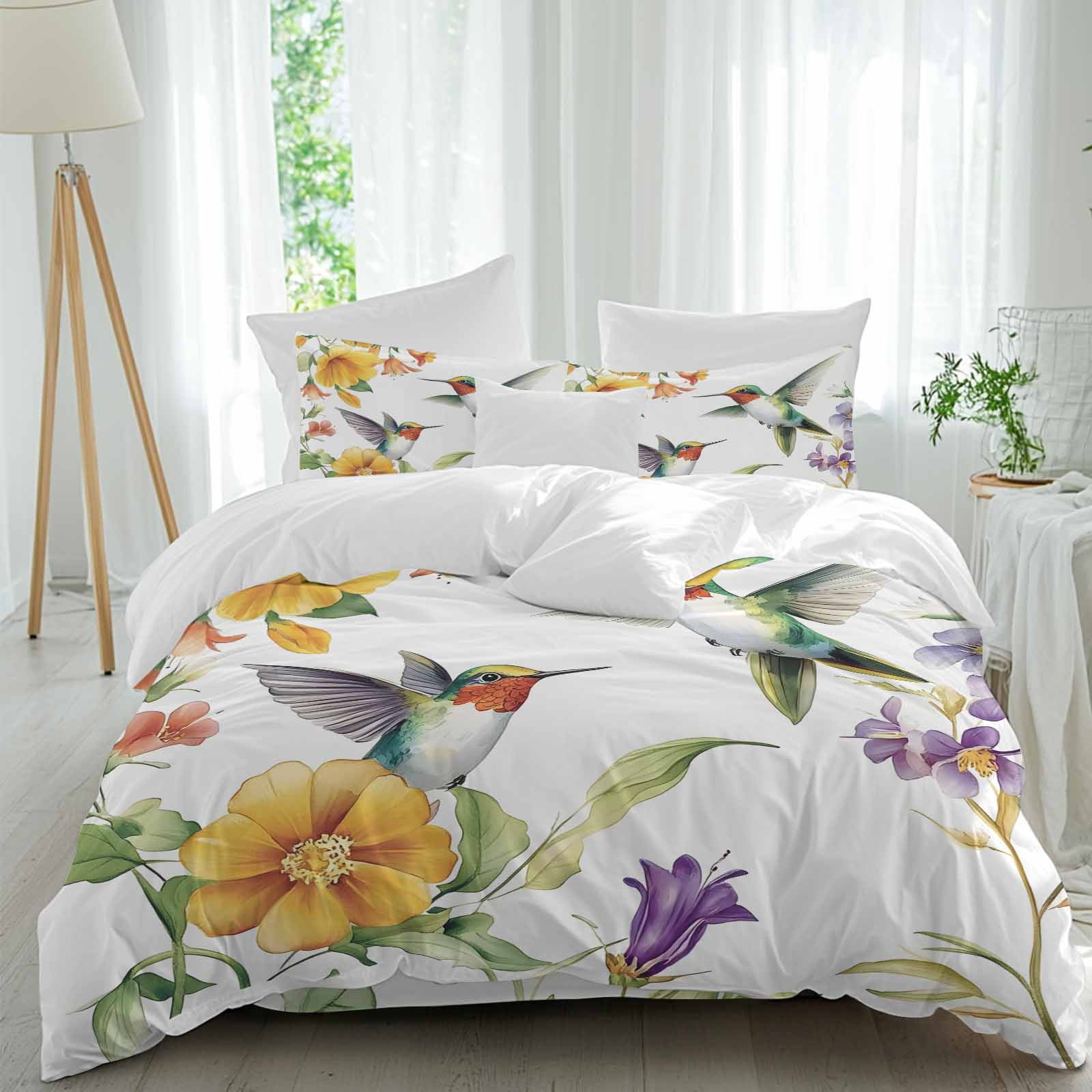 4 Piece Duvet Cover Set Full, Watercolor Spring Flower Bird Soft ...