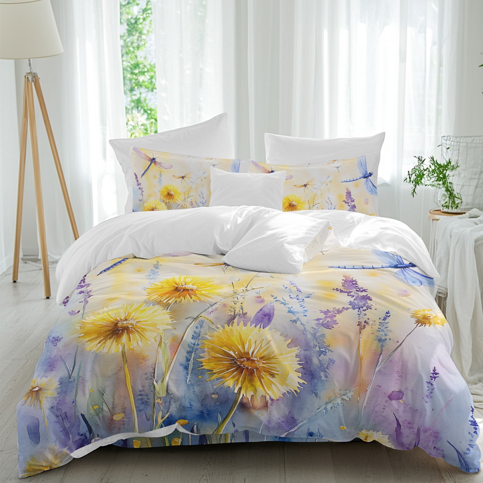 4 Piece Duvet Cover Set Full, Watercolor Spring Flower Dragonfly Soft ...