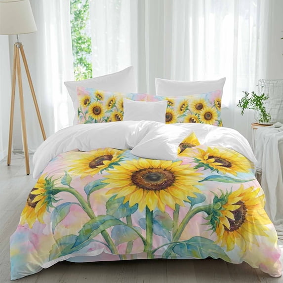 4 Piece Duvet Cover Set Full, Watercolor Spring Sunflowers Soft ...