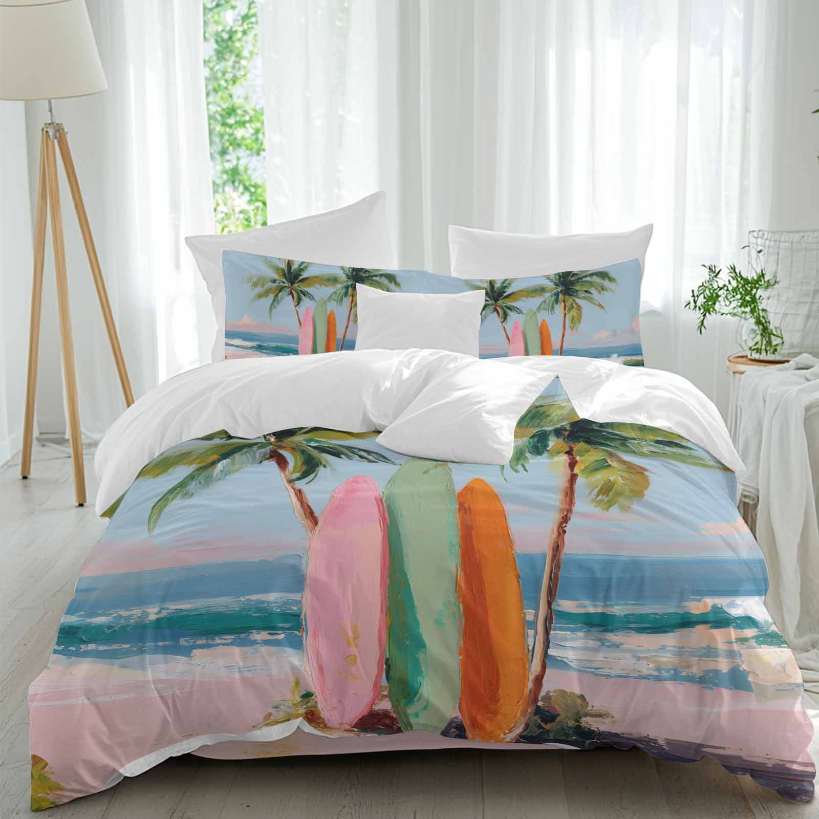 4 Piece Duvet Cover Set Full, Watercolor Tropical Beach Scene Soft ...