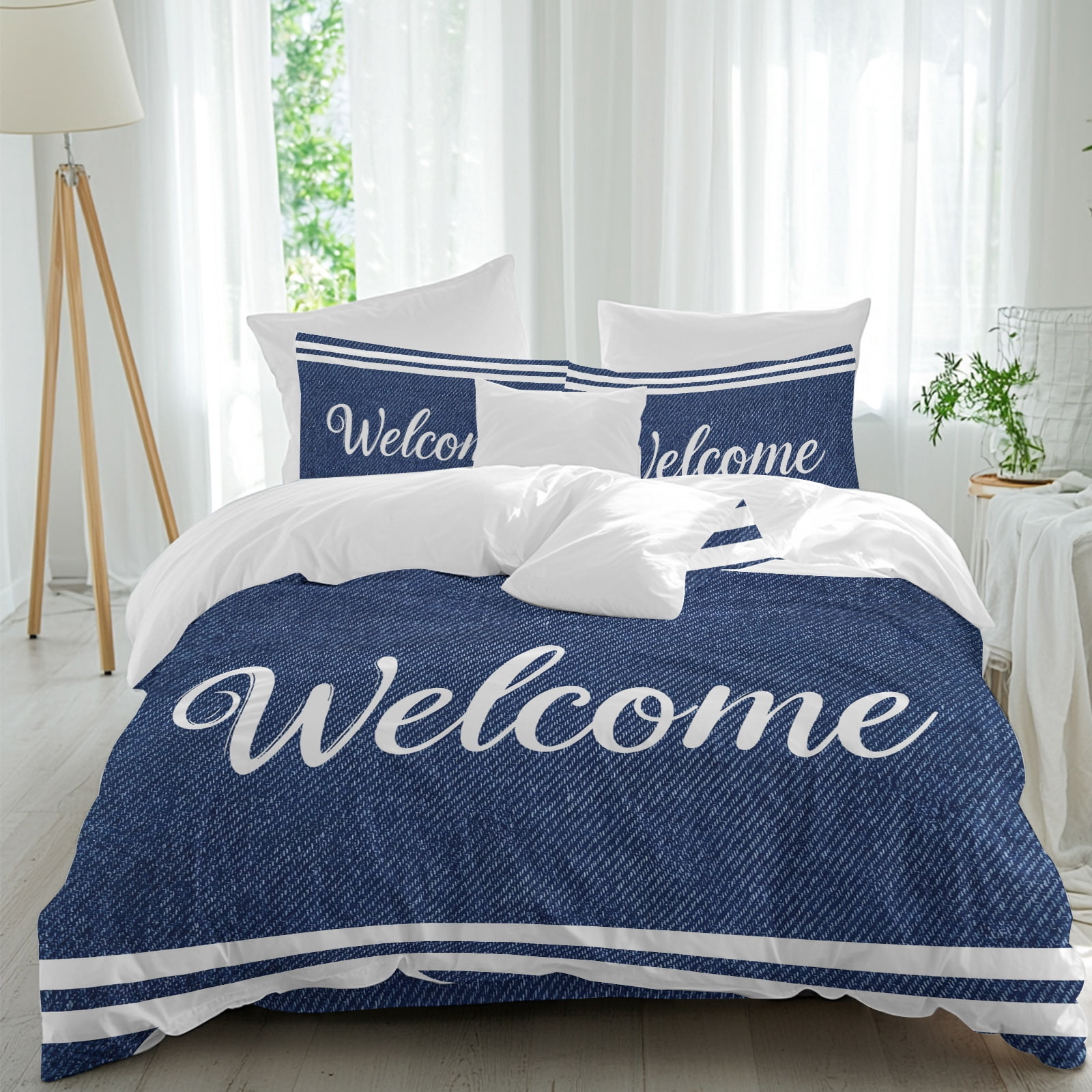 4 Piece Duvet Cover Set Full, Welcome Quote Navy Blue Stripe Soft ...