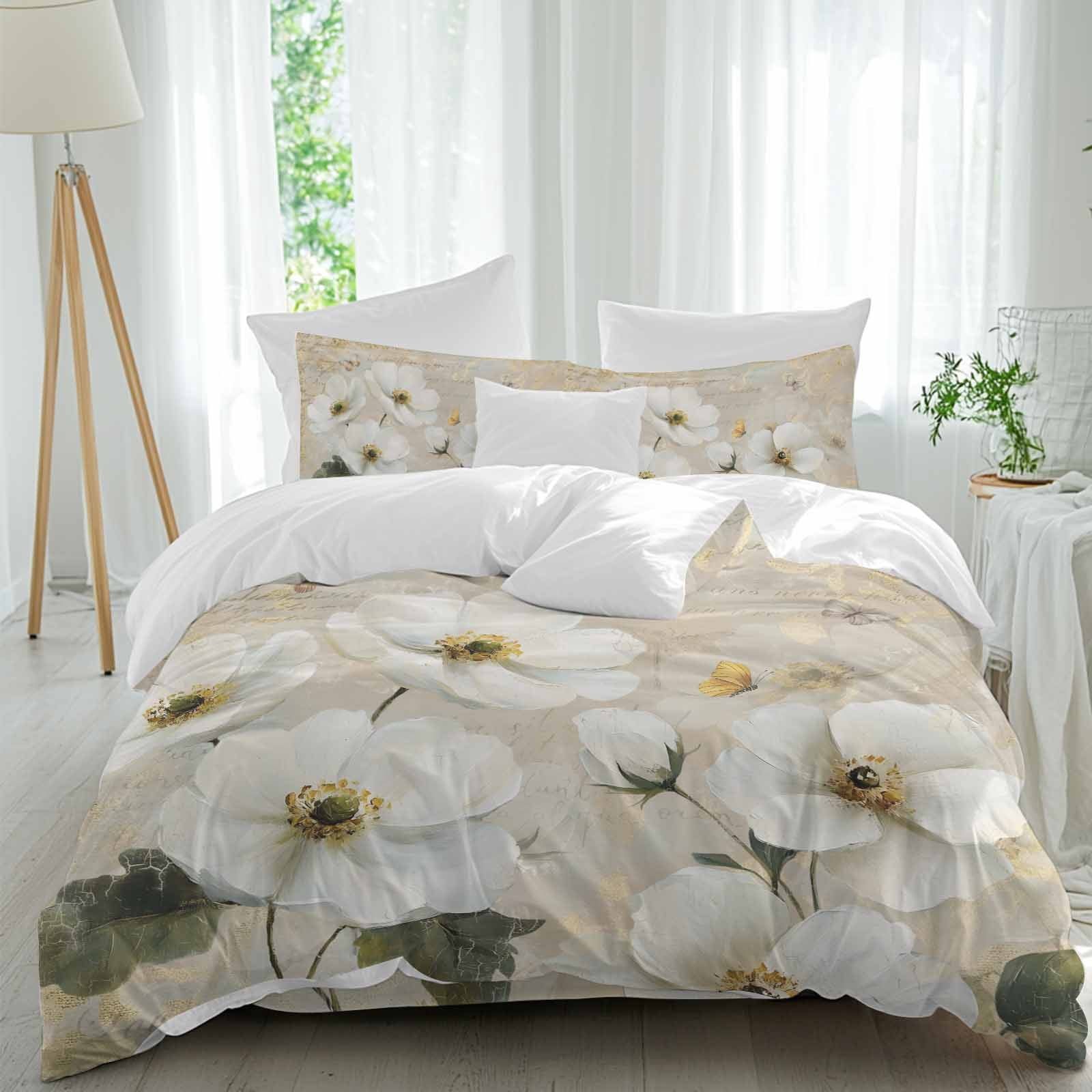 4 Piece Duvet Cover Set Full, White Peony Blossom Floral Soft ...