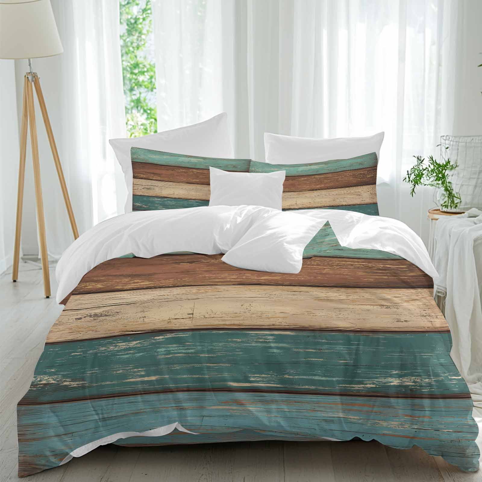 4 Piece Duvet Cover Set Full, Wood Planks in Teal Brown Soft Breathable ...