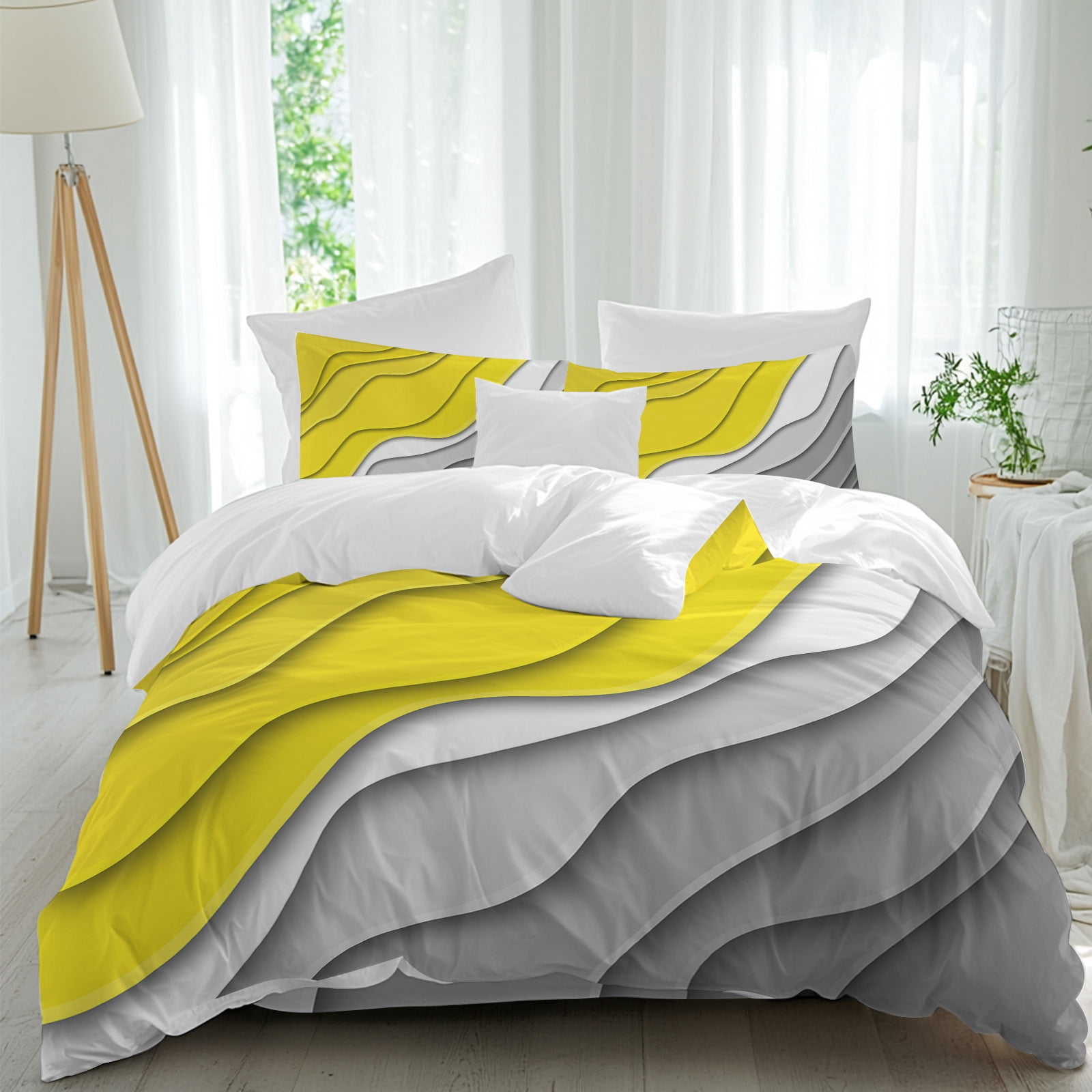 4 Piece Duvet Cover Set Full, Yellow Grey White Color Gradient Soft ...