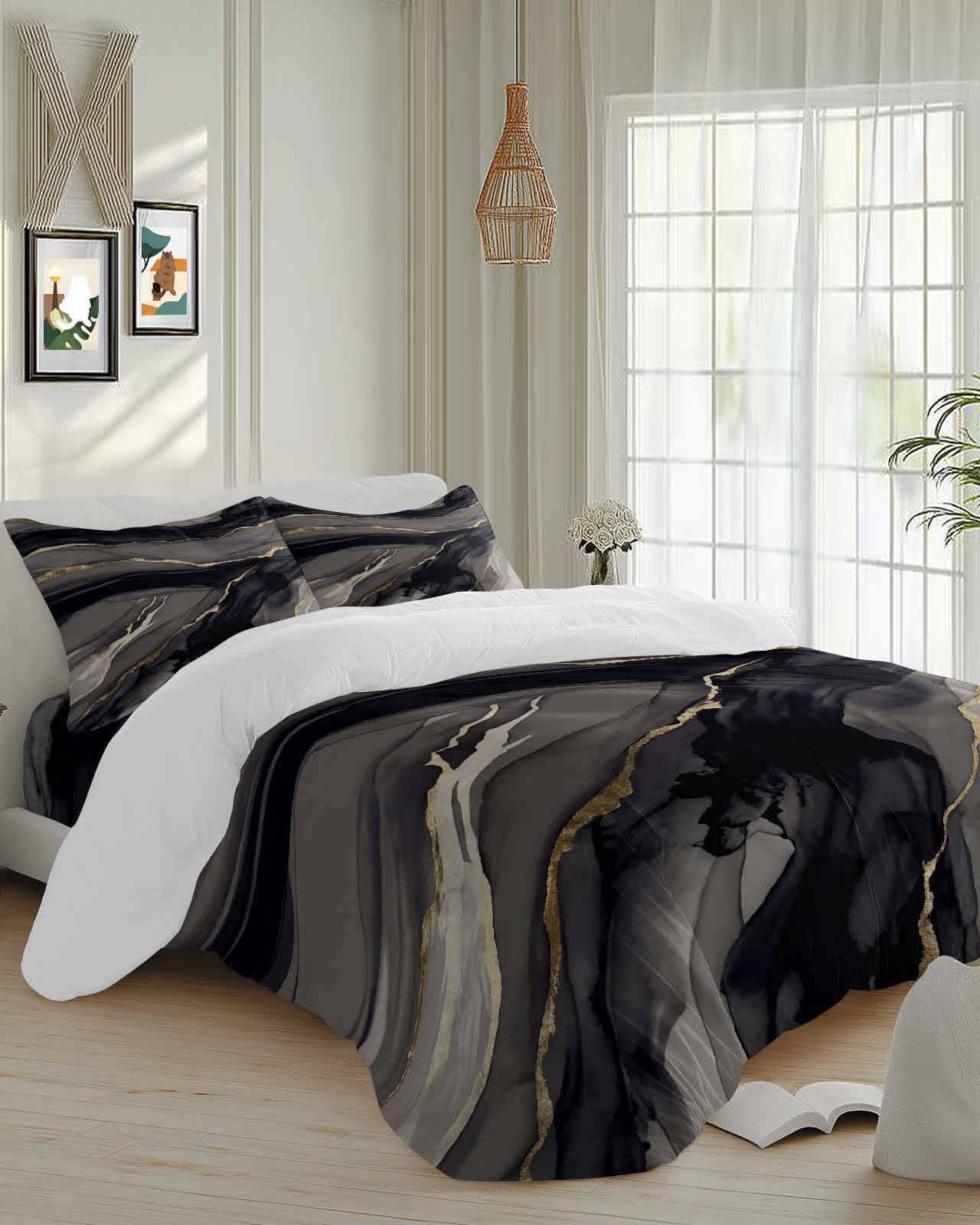 4 Piece Duvet Cover Set Queen, Abstract Black Beige Marble Soft ...