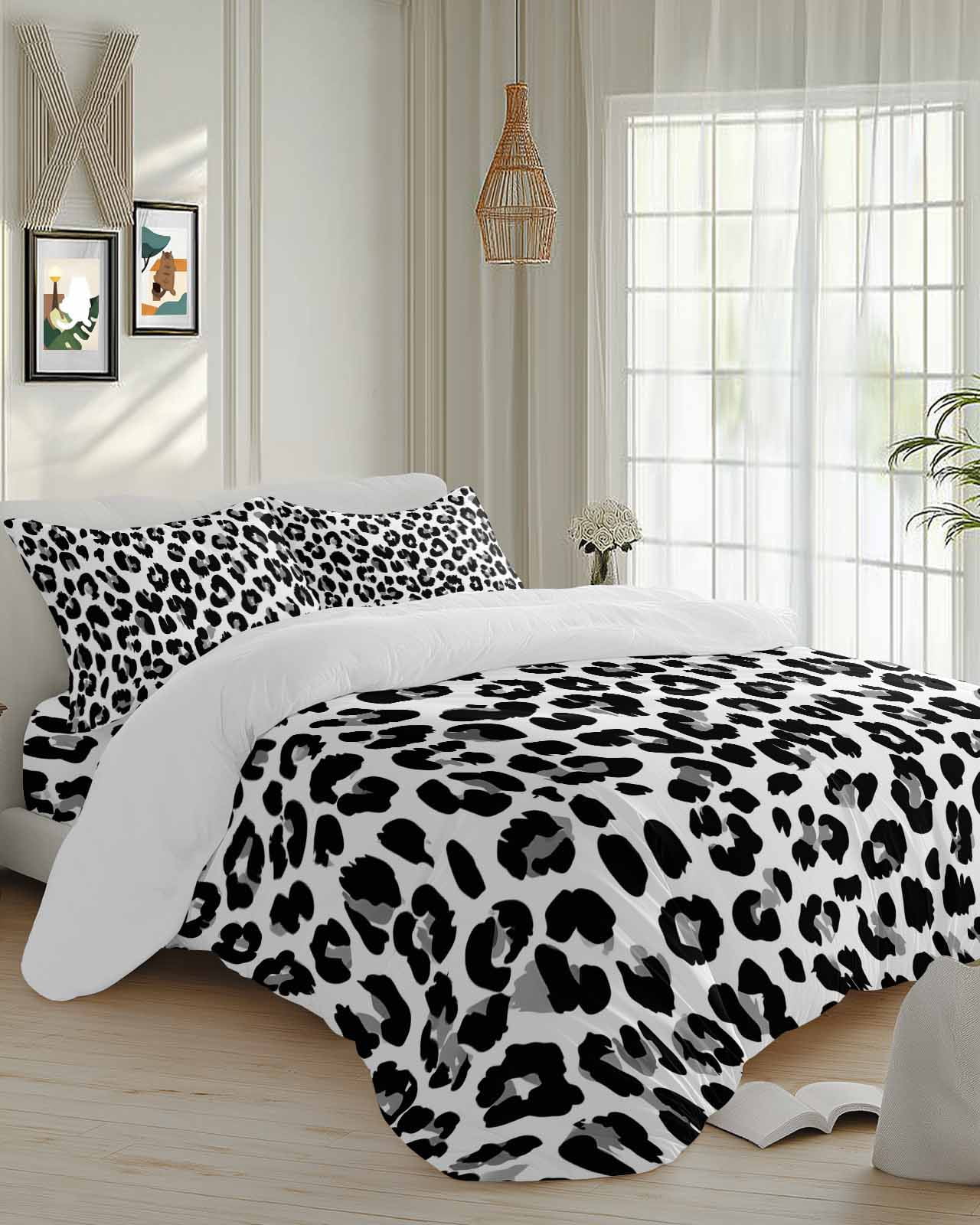 4 Piece Duvet Cover Set Queen, Abstract Black White Gray Leopard Print ...
