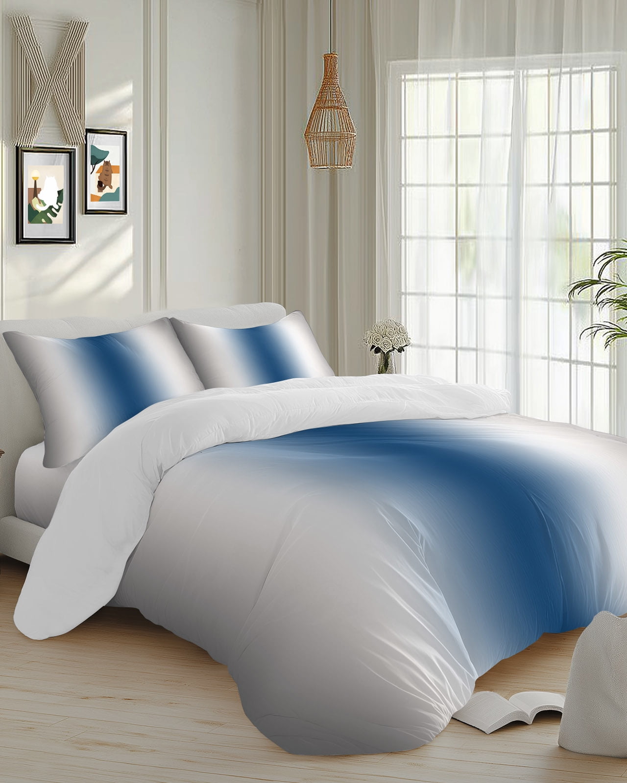 4 Piece Duvet Cover Set Queen, Abstract Blue Gray Color Ombre Soft ...