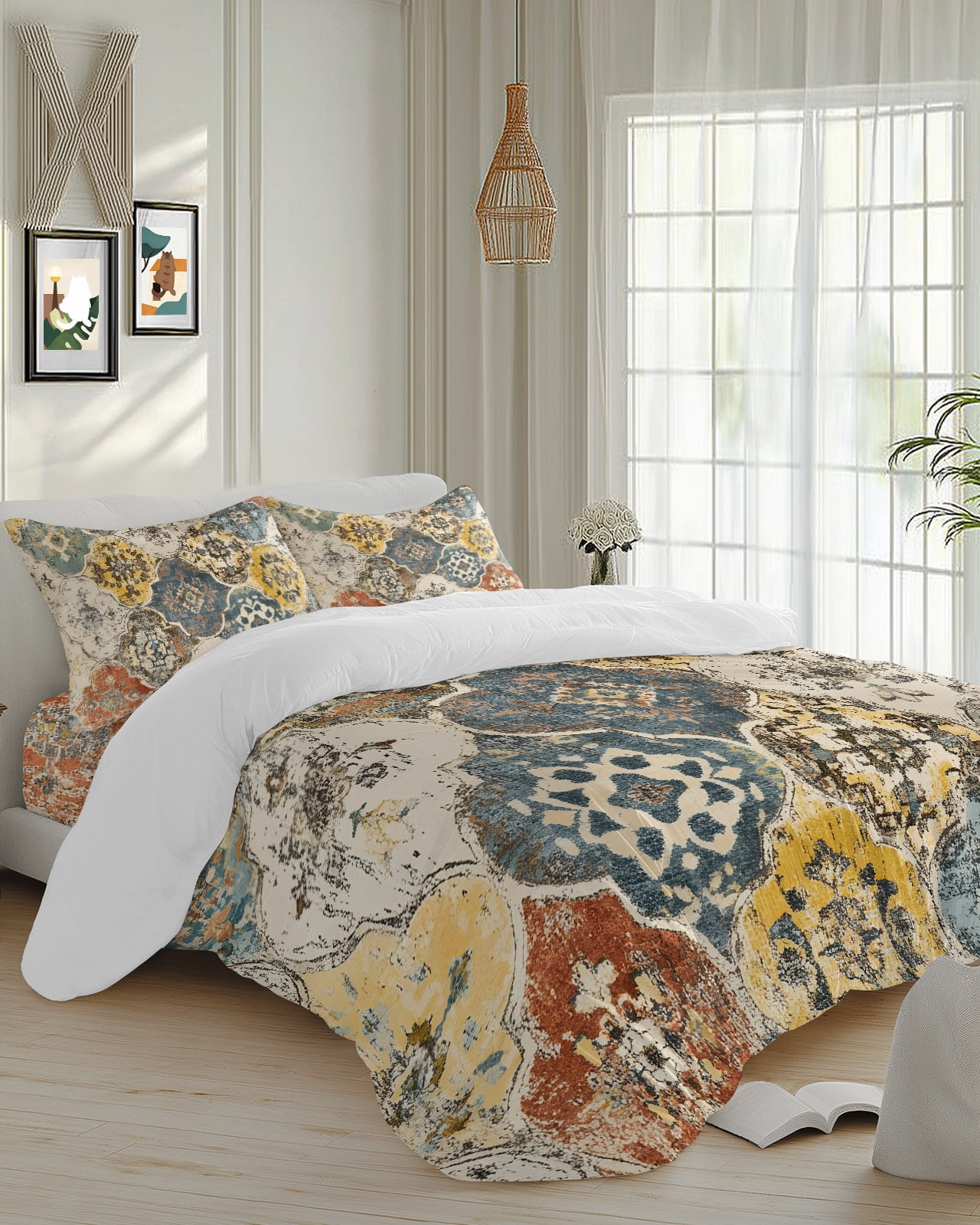 4 Piece Duvet Cover Set Queen, Abstract Bohemian Ethnic Pattern Texture ...