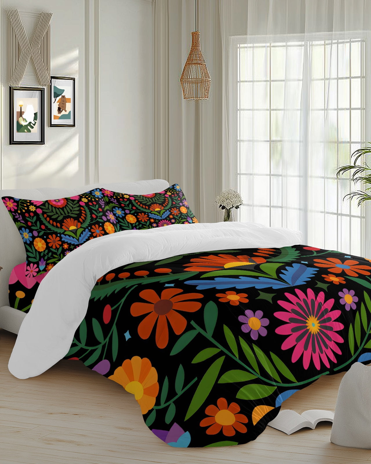 4 Piece Duvet Cover Set Queen, Abstract Boho Flower Floral on Black ...