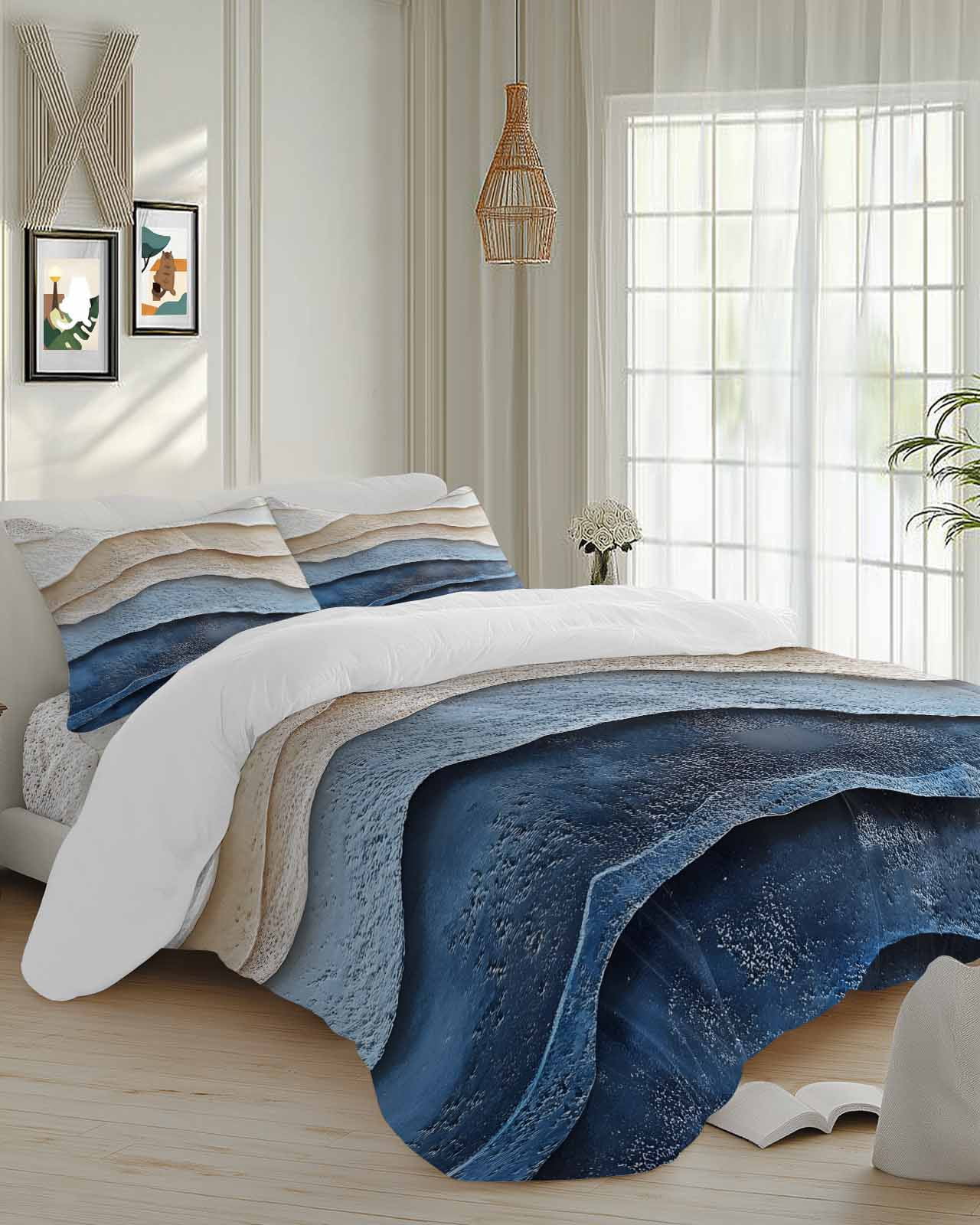 4 Piece Duvet Cover Set Queen, Abstract Coastal Waves Beach Soft ...