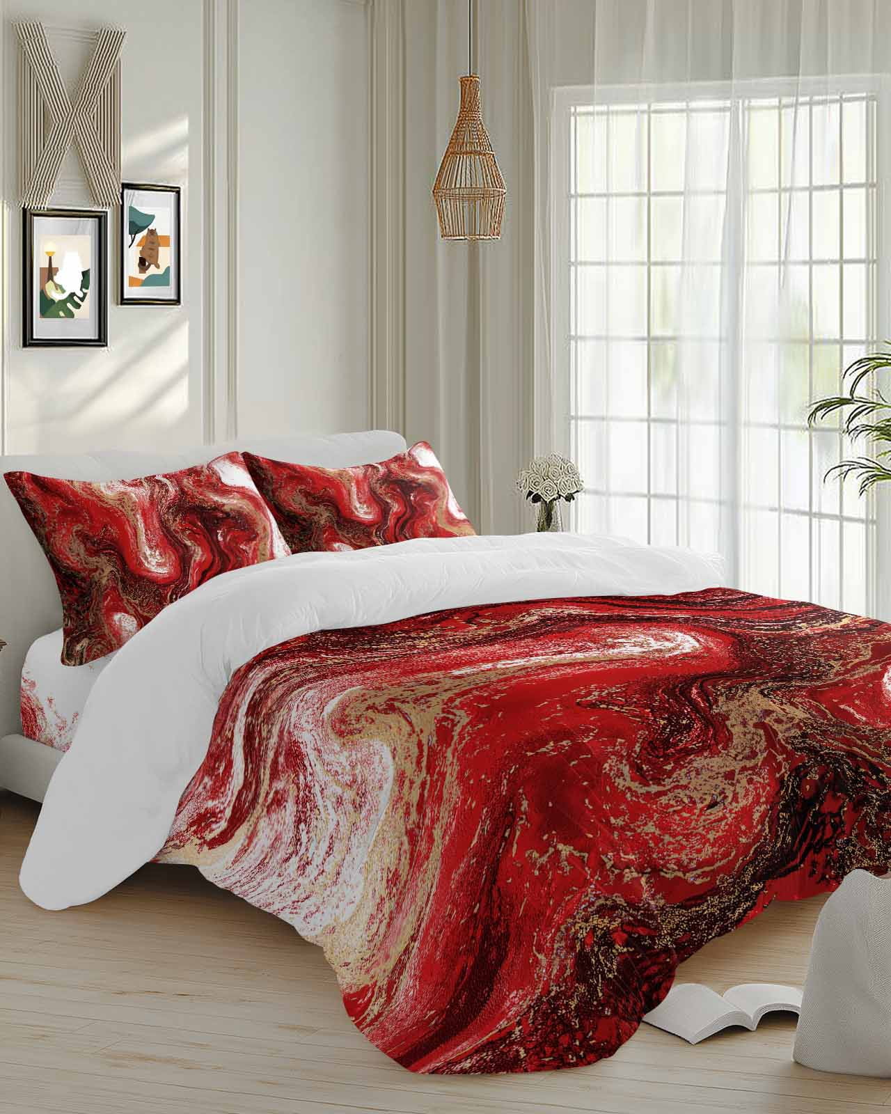 4 Piece Duvet Cover Set Queen, Abstract Liquid Red White Soft ...