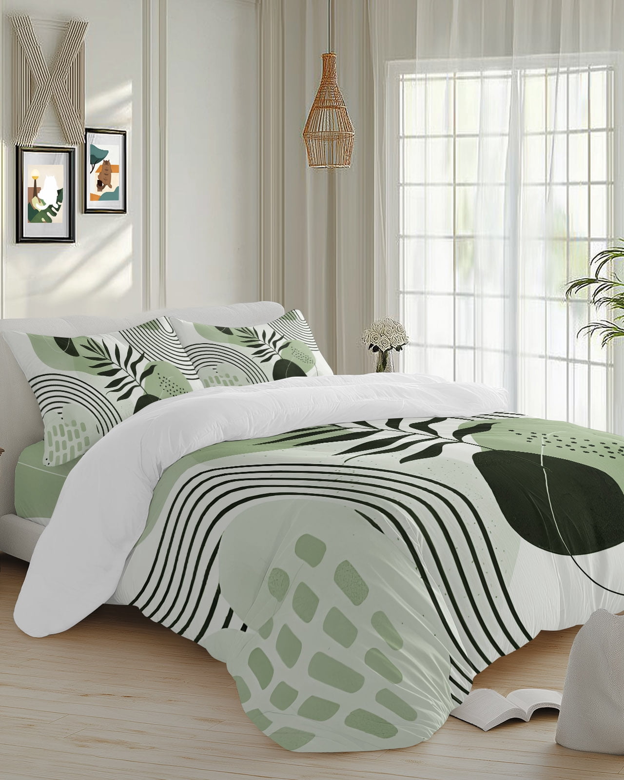 4 Piece Duvet Cover Set Queen, Abstract Mid Century Green Color Block ...