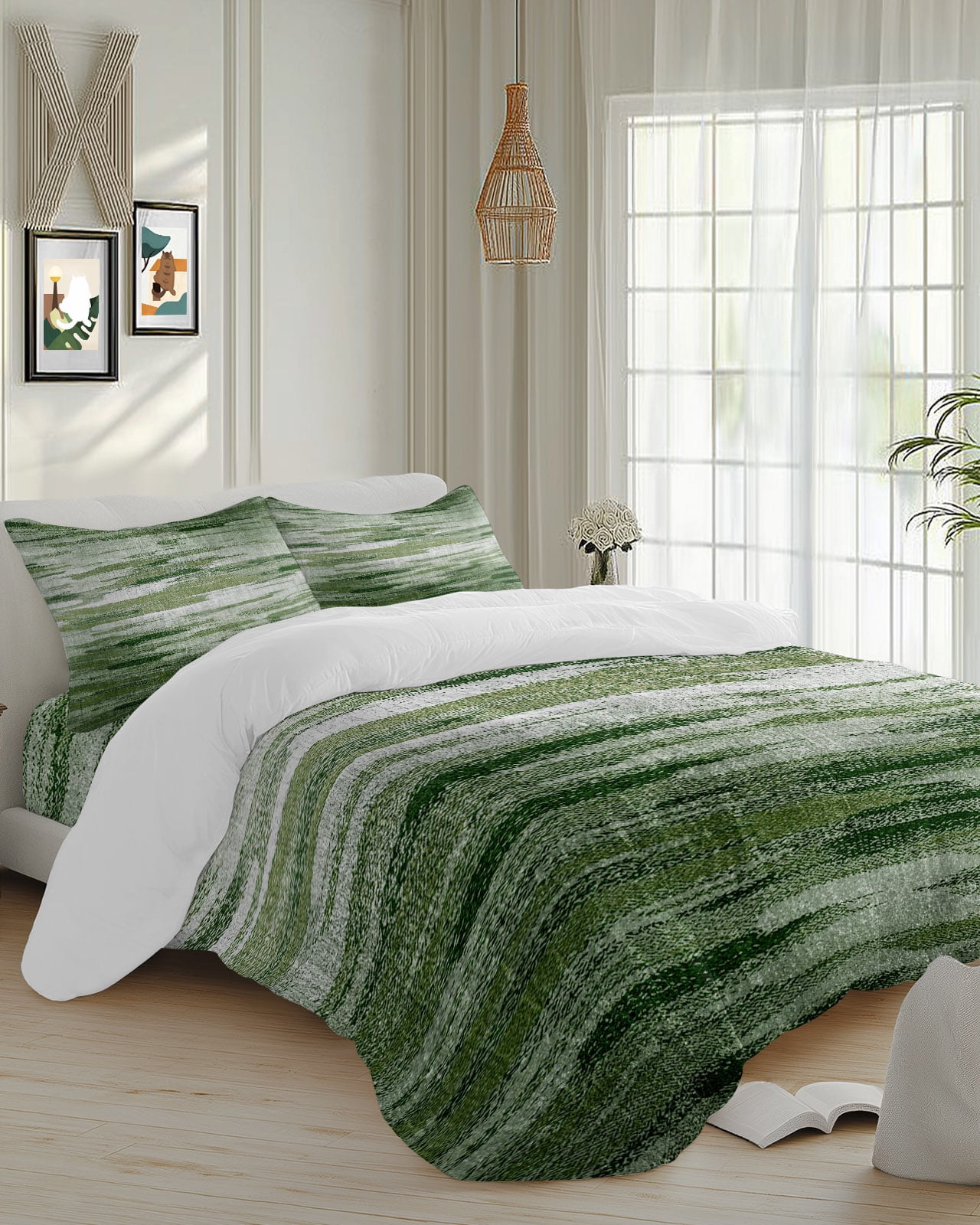 4 Piece Duvet Cover Set Queen, Abstract Minimalist Green Texture Soft ...
