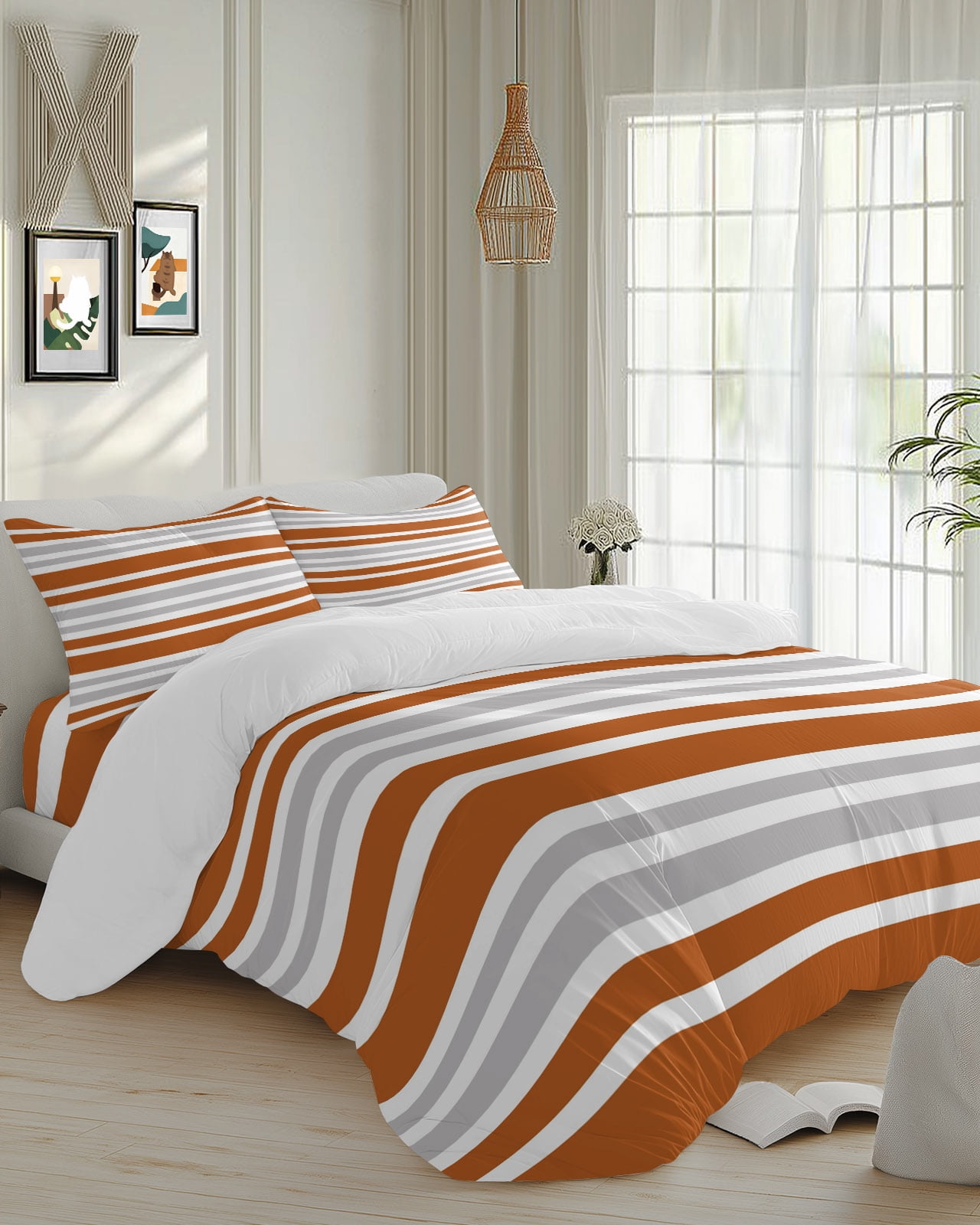4 Piece Duvet Cover Set Queen, Abstract Modern Stripes Soft Breathable ...