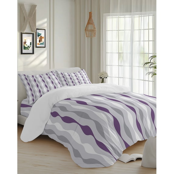 4 Piece Duvet Cover Set Queen, Abstract Purple Gray Wavy Stripes Soft ...