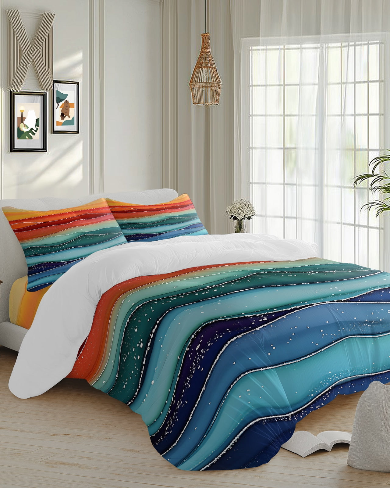 4 Piece Duvet Cover Set Queen, Abstract Rainbow Wave Marble Texture ...
