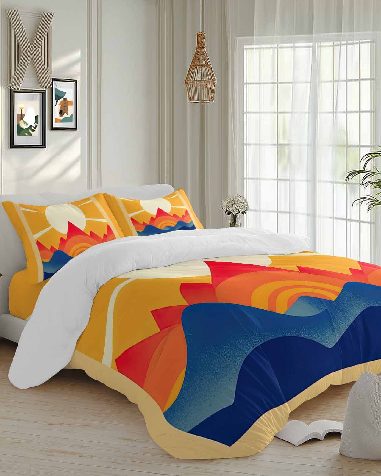 4 Piece Duvet Cover Set Queen, Abstract Sun Mountain Ocean Sea Soft ...