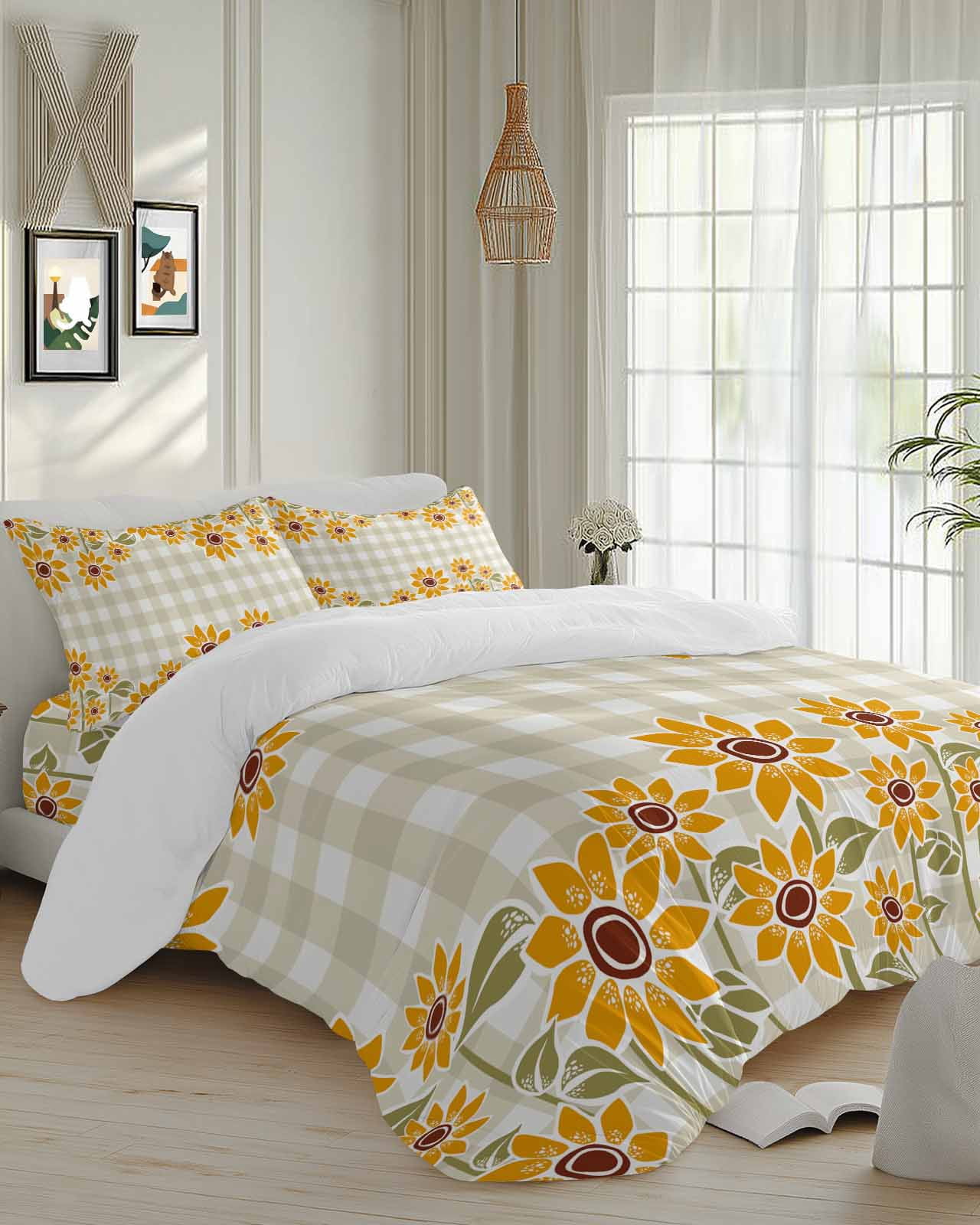 4 Piece Duvet Cover Set Queen, Abstract Sunflower Farm Floral Soft ...