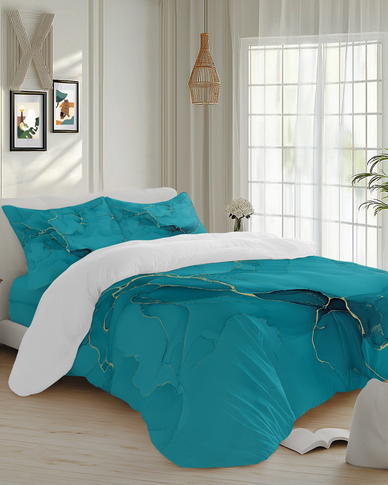 4 Piece Duvet Cover Set Queen, Abstract Teal Marble Liquid Texture Soft ...