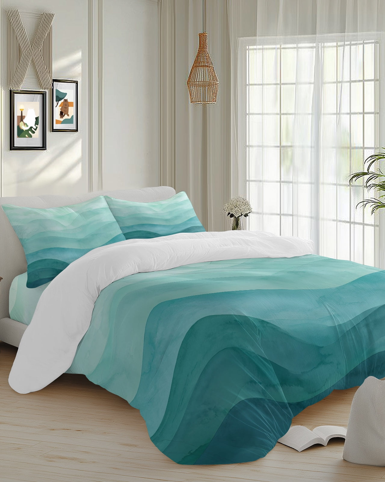 4 Piece Duvet Cover Set Queen, Abstract Teal Ombre Beach Texture Soft ...