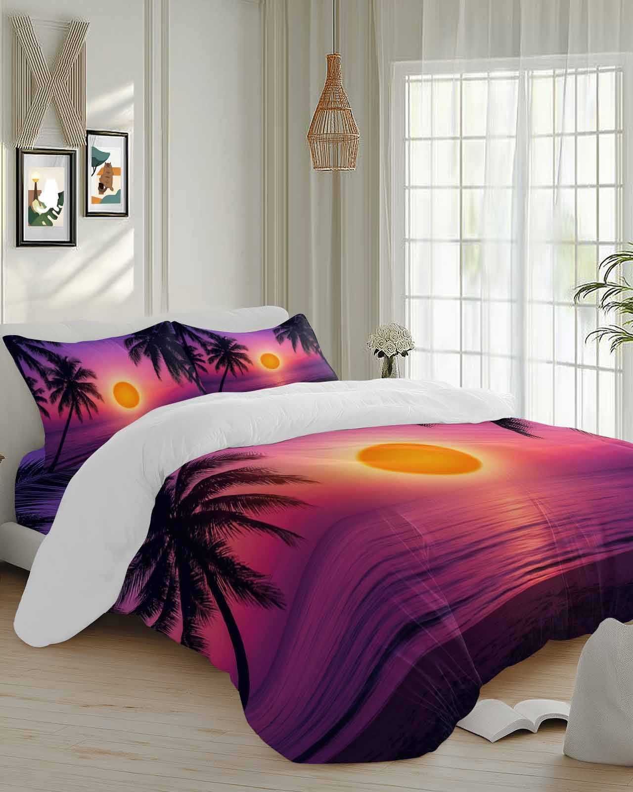 4 Piece Duvet Cover Set Queen, Beach Seaside Sunset Soft Breathable ...