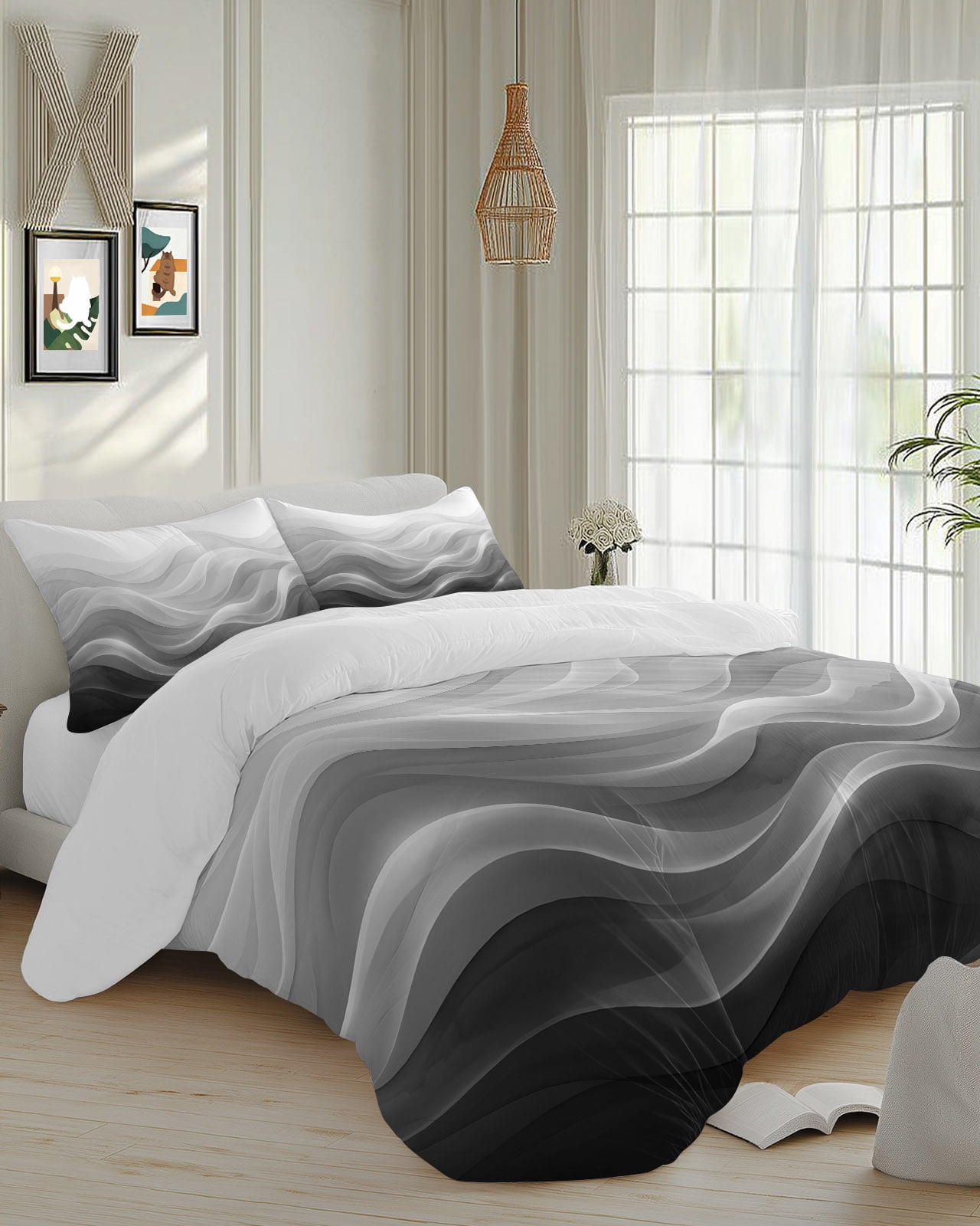 4 Piece Duvet Cover Set Queen, Black White Abstract Waves Soft ...
