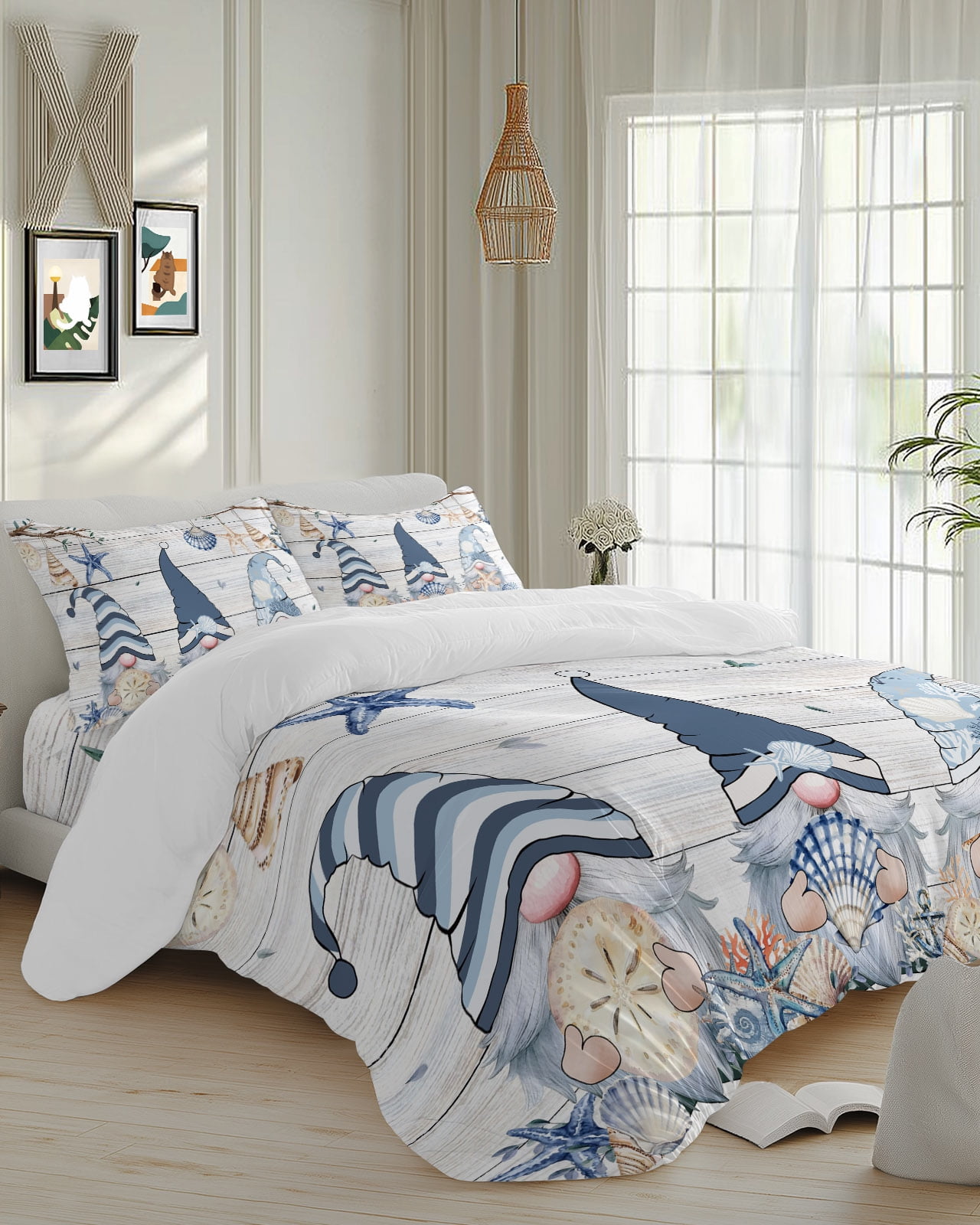 4 Piece Duvet Cover Set Queen, Blue Gnome on Wood Grain Soft Breathable ...