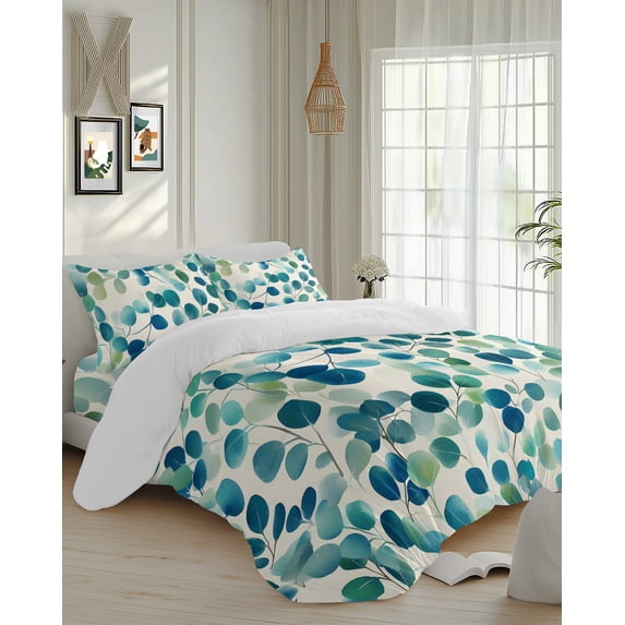 4 Piece Duvet Cover Set Queen, Blue Green Eucalyptus Leaf Soft ...